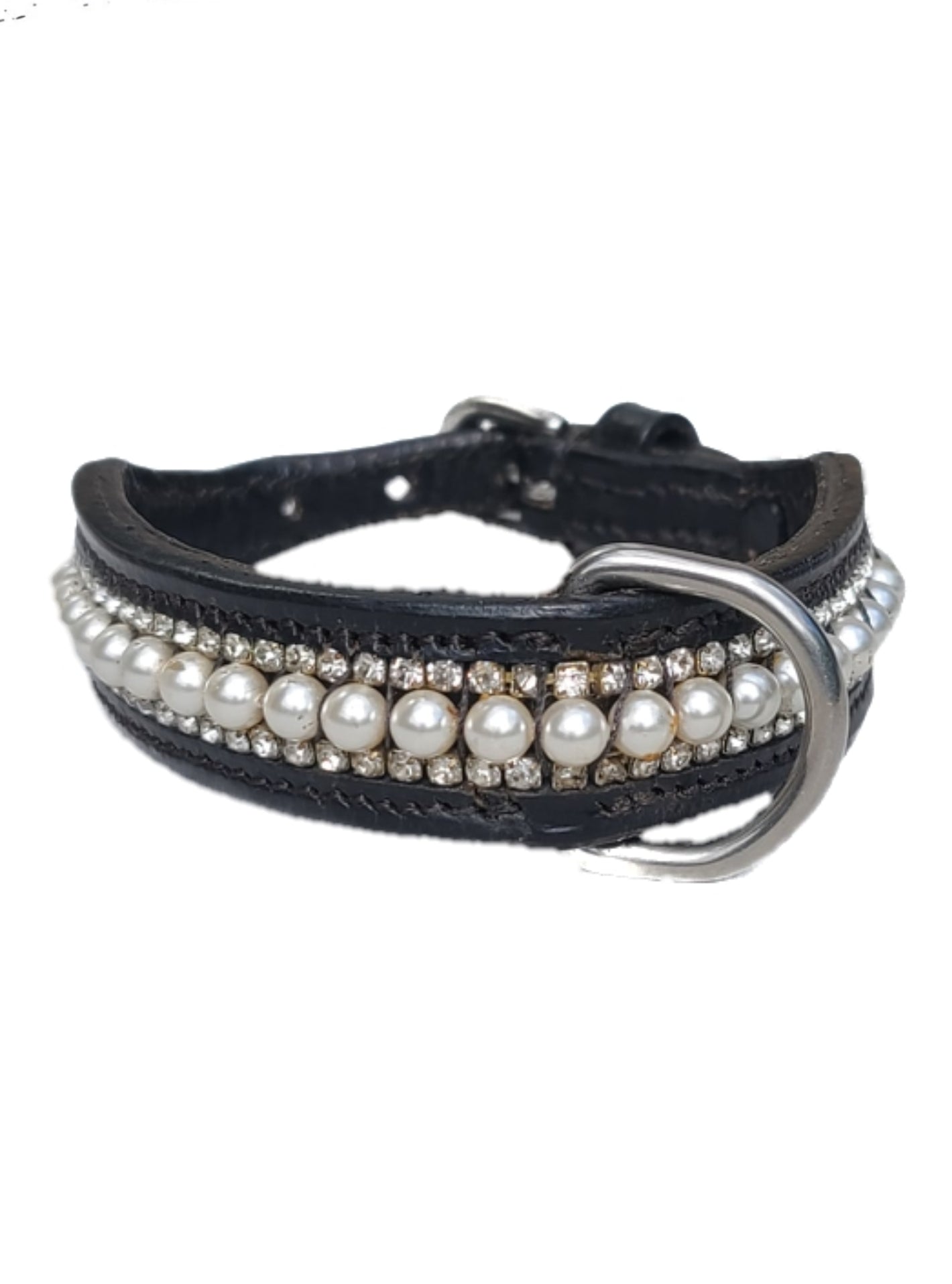 Toy Dog Collar Black Leather with Channel Set Pearl and Clear Crystal